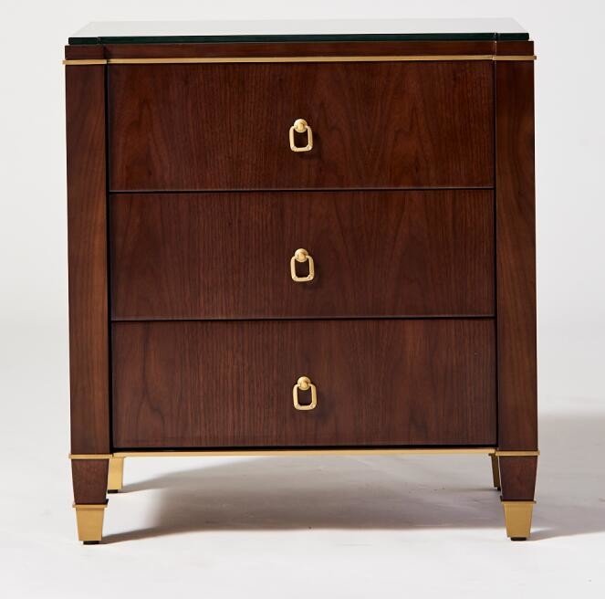 Glass top walnut wood veneer 3 drawers bed side table,night stand for hotel bedroom furniture