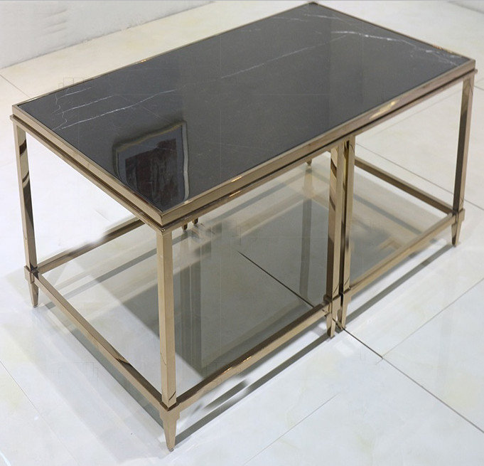 Stone top retangular polished gold finish metal frame coffee table for hotel bedrooom and living room