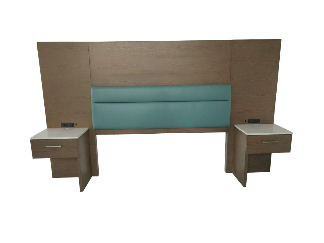 Oak wood veneer with blue vinyl upholstery king headboard with 2 night stands for hotel bedroom furniture,casegoods