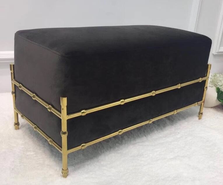 Black fabric upholstery brass metal base  ottoman/bed bench for hotel bedroom furniture,soft seating for hotel bedroom