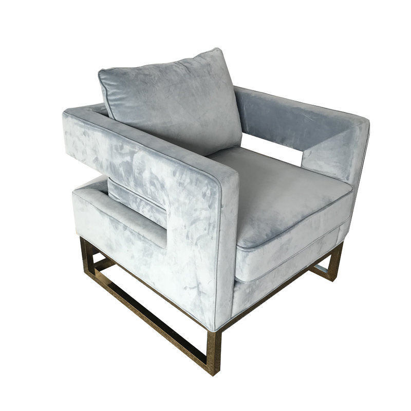 Hot sale blue velvet fabric sofa with gold metal base,wedding event rental furniture 1-seater sofa,living room sofa