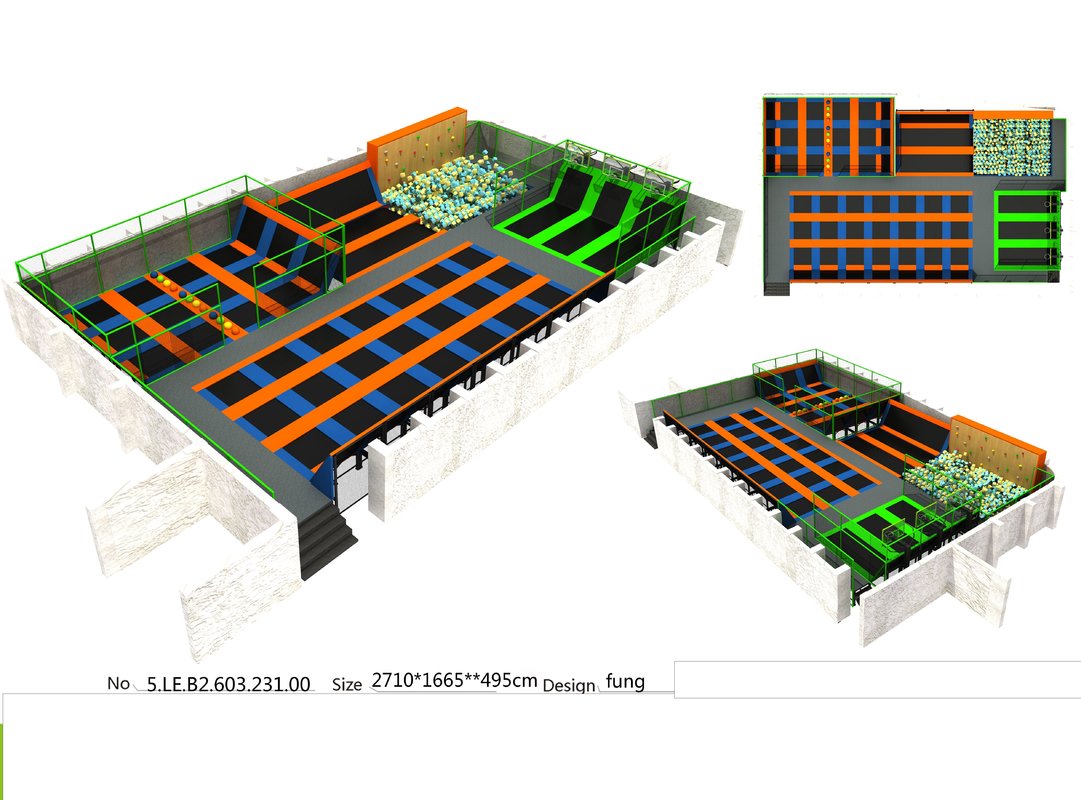 430M2 Long Square Shape Orange & Green Style Trampoline Park Event Equipment
