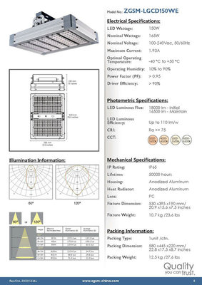 50000hrs Garage LED High Bay Light Fixture 165W With 3300K 4500K