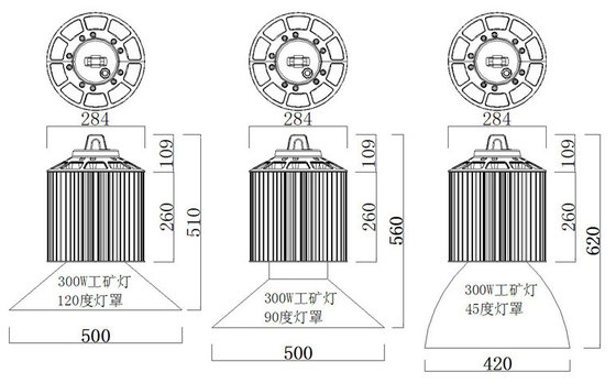 300W Industrial LED High Bay Lights D500mm × 510mm for Factory and Workshops