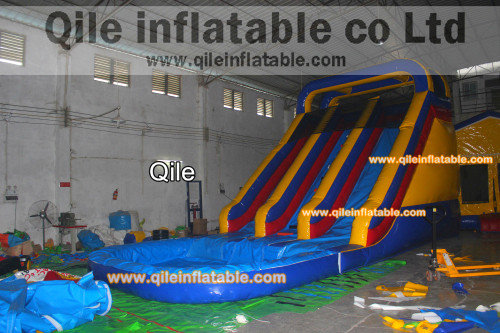 inflatable wet & dry slide with pool,pool can removed ,double wave slide supplier
