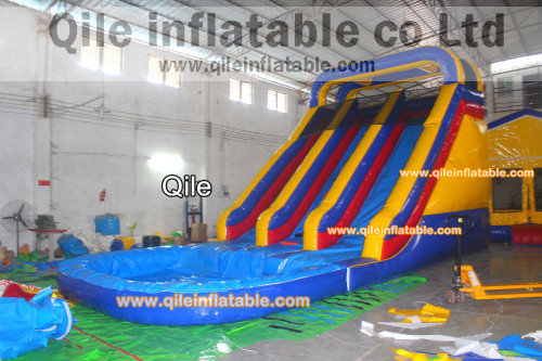 inflatable wet & dry slide with pool,pool can removed ,double wave slide supplier