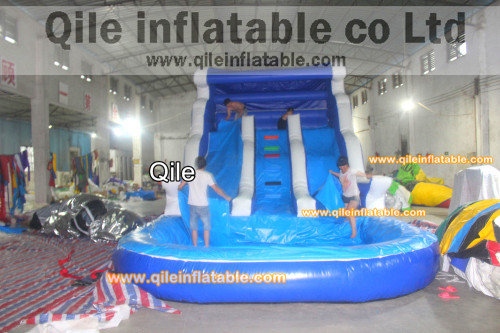 blue inflatable wet & dry slide with pool,pool can removed ,double wave slide supplier