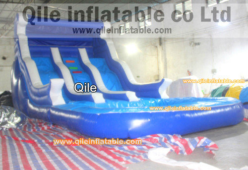 blue inflatable wet & dry slide with pool,pool can removed ,double wave slide supplier