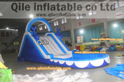 dolphins inflatable wet & dry slide with pool,pool can removed ,double wave slide supplier