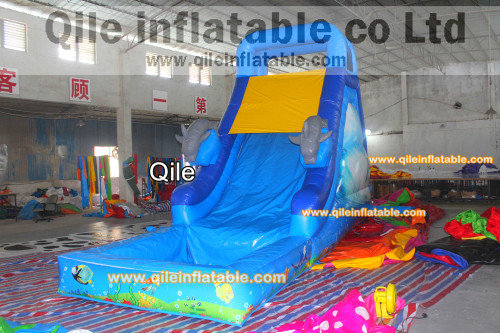 dolphins inflatable wet & dry slide with pool,pool can removed ,double wave slide supplier