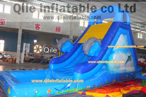 dolphins inflatable wet & dry slide with pool,pool can removed ,double wave slide supplier