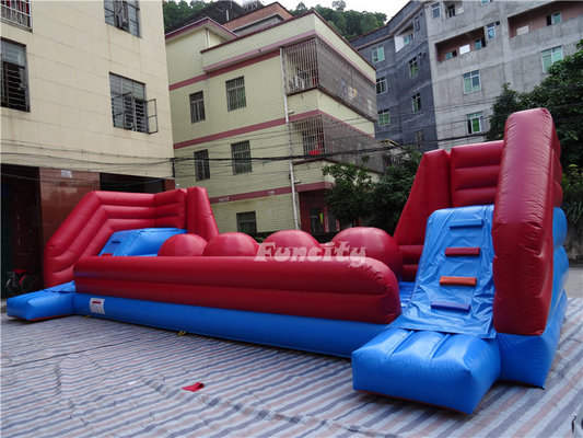 Red Tarpaulin Inflatable Jumping Castle / Wipeout Obstacle Course 10x4m
