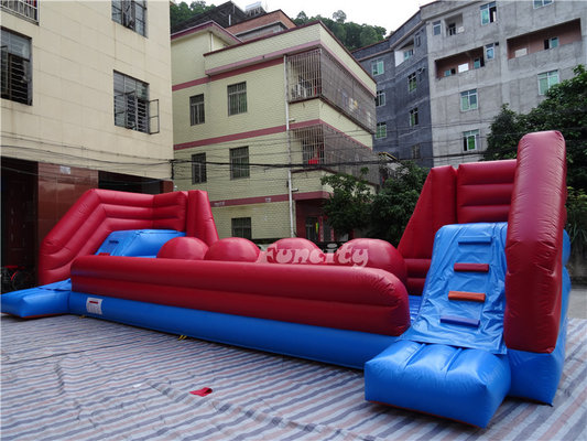 Red Tarpaulin Inflatable Jumping Castle / Wipeout Obstacle Course 10x4m
