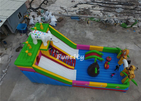 EN14960 White Blue Inflatable Fun City 0.55MM PVC Tarpaulin 13M * 7M * 5M