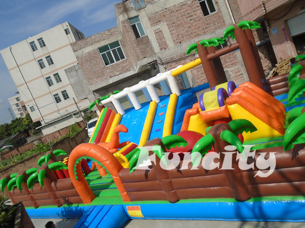Jurassic Century Theme Inflatable Amusement Park With Long Blue Slides 14M * 8M * 5M