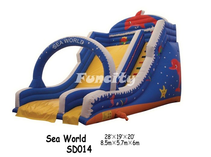 Fire Retardant Seaworld Inflatable Dry Slide With Blue Dome Door / Long Stair