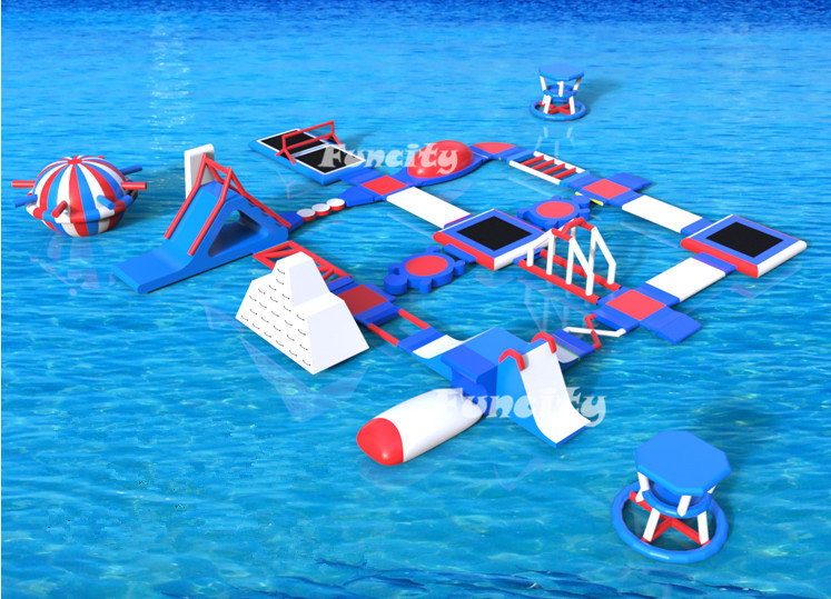 Red / White/Blue Color 80 People Large Inflatable Water Park / Aqua Park Equipment For Lake Resort