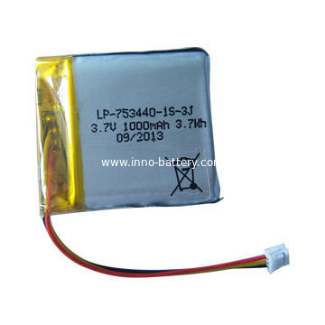 Li-polymer, 3.7V, 1000mAh, 1S1P, Cell 753440 with PCM and 10K NTC, Lead Out Wires and Connector