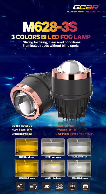 GCAR 3 Inch Bi LED Fog Light Projector Lens 6000K 3000K 3 Colors Fog Driving Lamp High/Low Beam Waterproof IP67 for Car 12V Toyota