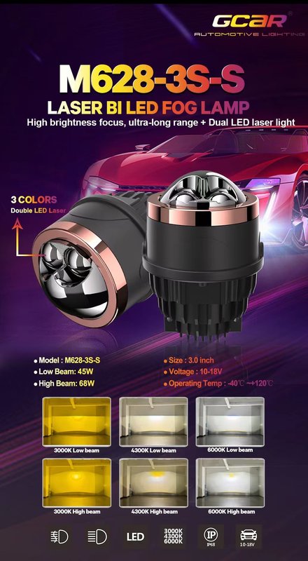 GCAR M628S-3S Tricolor Waterproof LED Fog Lamp Lens 3000K 4300K 6000K High Low Beam Fog Light