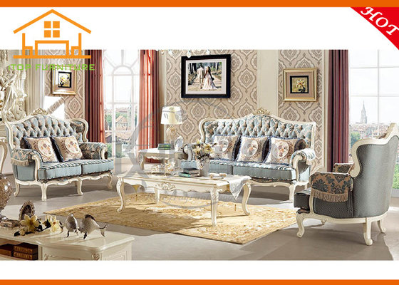 factory price high quality cheap antique luxury classic solid wood carved top grain leather blue sofa set for villa