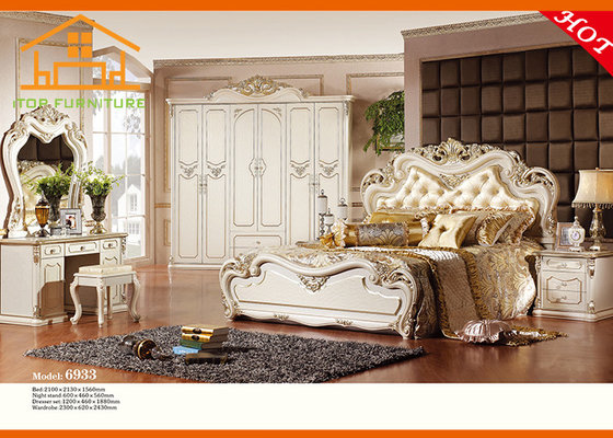 Glossy royal luxury french style round leather bedroom furniture set