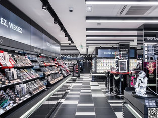 China High level customzied cosmetics display design showcase custom design retail shop mall kiosk wall wood cosmetic display supplier
