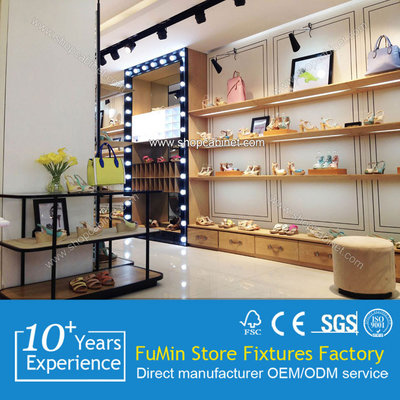 wood structure clothes /shoe display shelf with steel decoration supplier