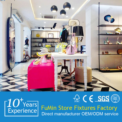 wood structure clothes /shoe display shelf with steel decoration supplier