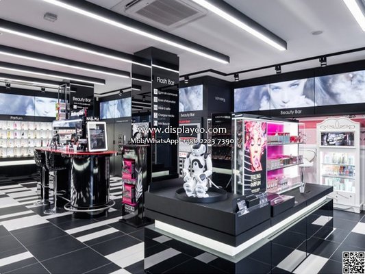 High level customzied cosmetics display design showcase custom design retail shop mall kiosk wall wood cosmetic display supplier