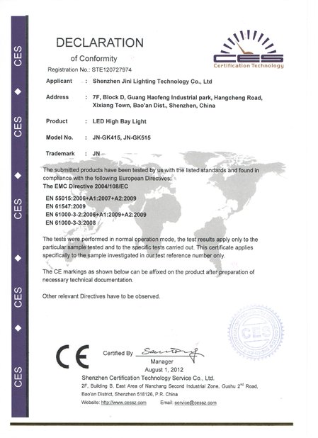 China Shenzhen JiNi Lighting Technology Co., Ltd certification