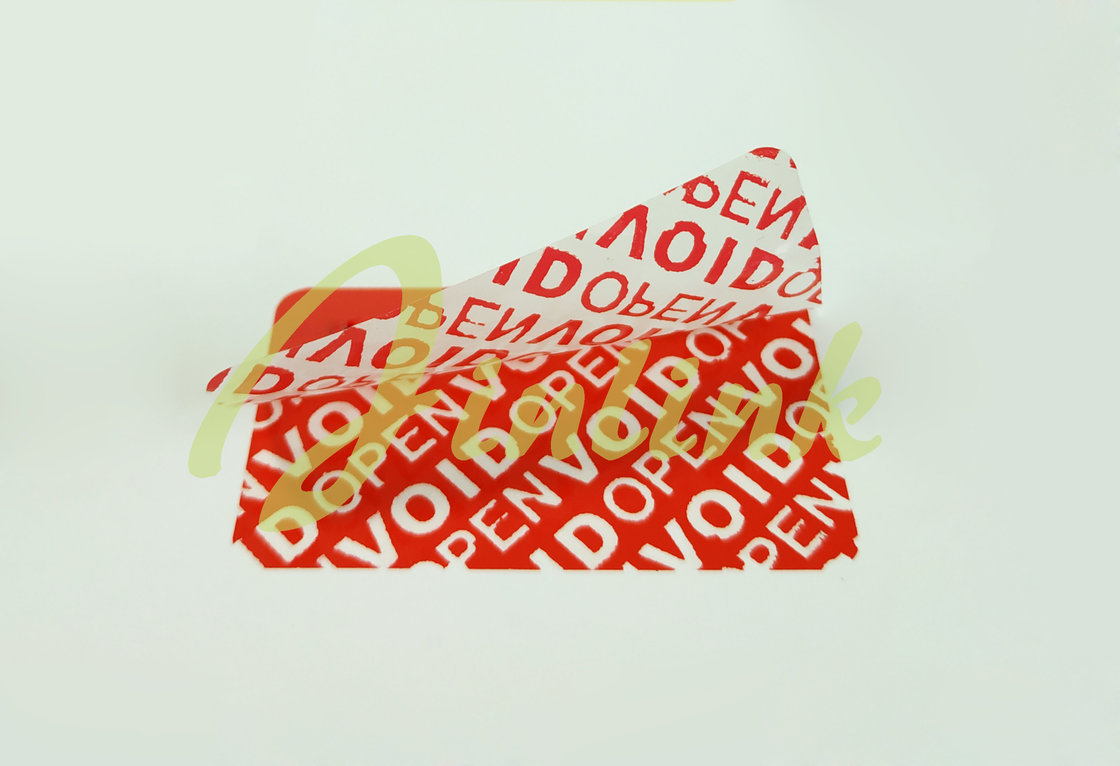 Red total residue warranty security void open label material , Full residue tamper evident void label material
