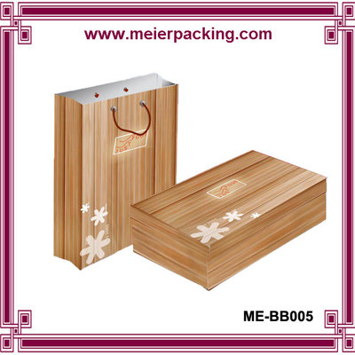 China Customized wood color and logo printed hard paper rigid shoe box and packaing bag supplier