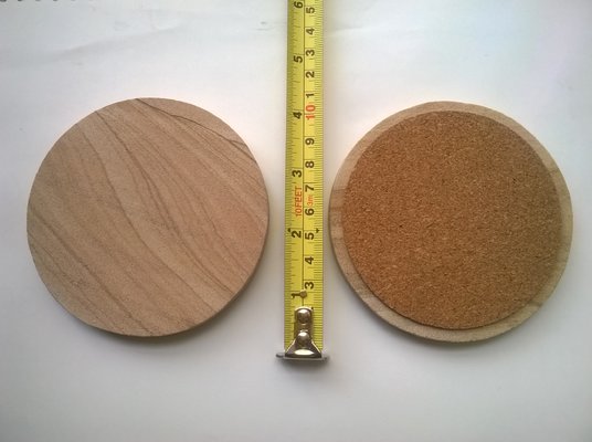 yellow wooden grain sandstone round coaster with cork backing 10mm diameter