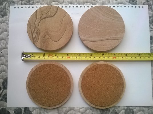 yellow wooden grain sandstone round coaster with cork backing 10mm diameter