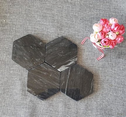 natural black marble stone hexagon shape coaster with rubble backing 10mm diameter