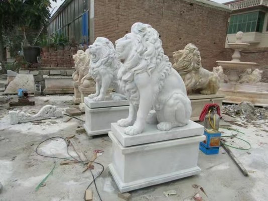 Garden decoration statues outdoor granite handcarved lions sculptures white beige colour stone lions