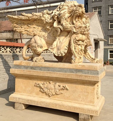 Garden decoration statues outdoor granite handcarved lions sculptures yellow beige colour stone lions