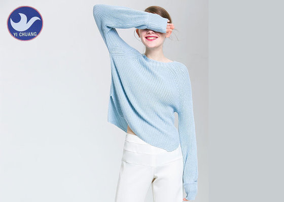 Raglan Sleeves Womens Knit Pullover Sweater Crew Neck Front Short Back Long Type
