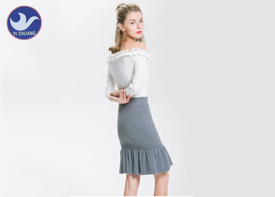 Cotton Frilled Hem Wrap Womens Knit Skirt / Lady Pencil Ruffle Skirt Knee Length