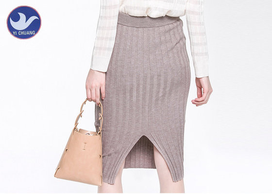 Rib Knitted Back Slit Womens Knit Skirt Pencil Fitted Back Opening Middle-Skirt