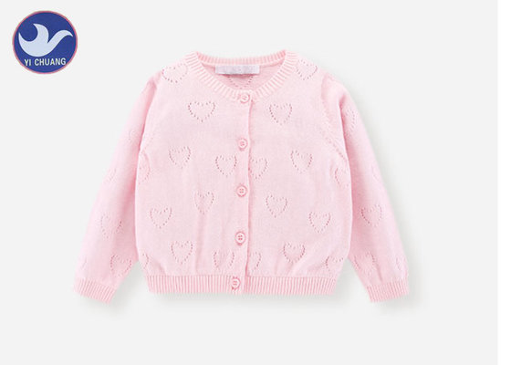 Heart Holes Knitting Girls Pink Cardigan Sweater , Cotton Girls Long Sweater Cardigan