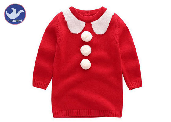 Jaquard Collar Girls Knitted Dress , Girls Red Jumper Dress With Fluffy Ball Decoration