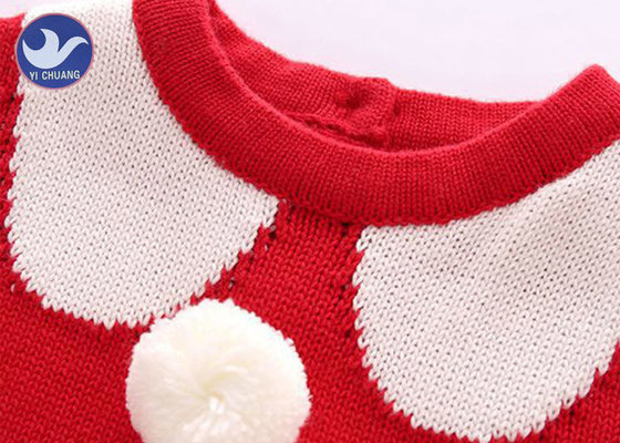 Jaquard Collar Girls Knitted Dress , Girls Red Jumper Dress With Fluffy Ball Decoration