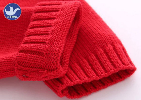Jaquard Collar Girls Knitted Dress , Girls Red Jumper Dress With Fluffy Ball Decoration
