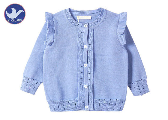 Kid Ruffle Shoulder Girls Cardigan Sweaters Pointelle in Neck / Placket Trim