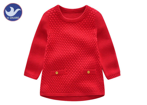 Plain Color Girls Knitted Dress Crew Neck Long Sleeves With Fake Pockets