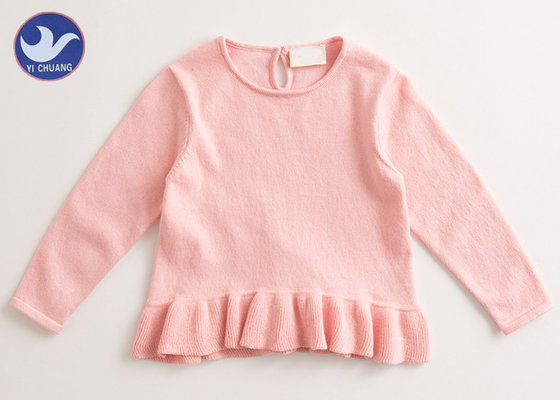 Frill Welt Girls Pink Sweater , Girls Crew Neck Sweater Back Neck Button Closure