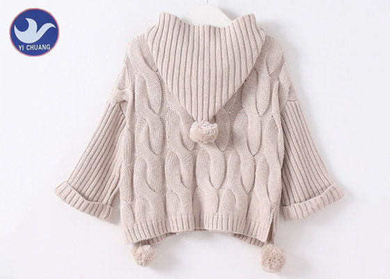 Pompom Ball Ribbed Girls Cable Sweater , Girls Hooded Jumper Winter Clothes