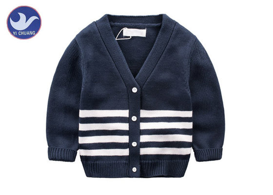Children Stripes V Neck Boys Cardigan Sweater Long Sleeves Navy Color OEM